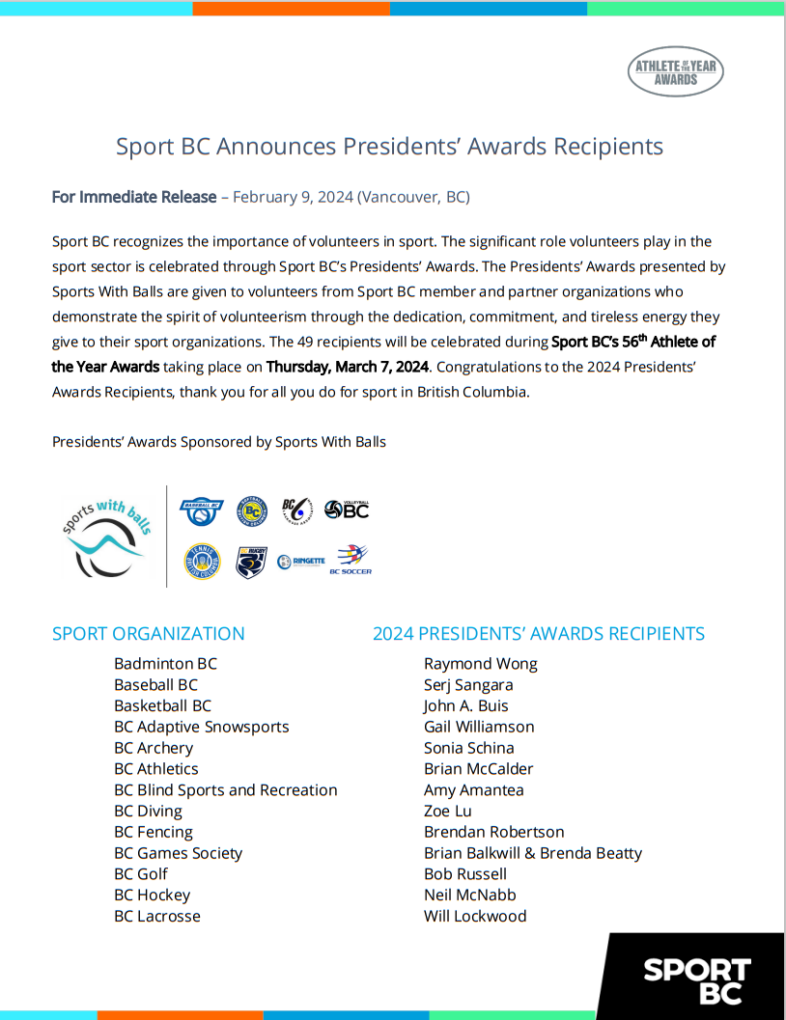 Sport BC Announces Presidents' Awards Recipients - Tennis British Columbia